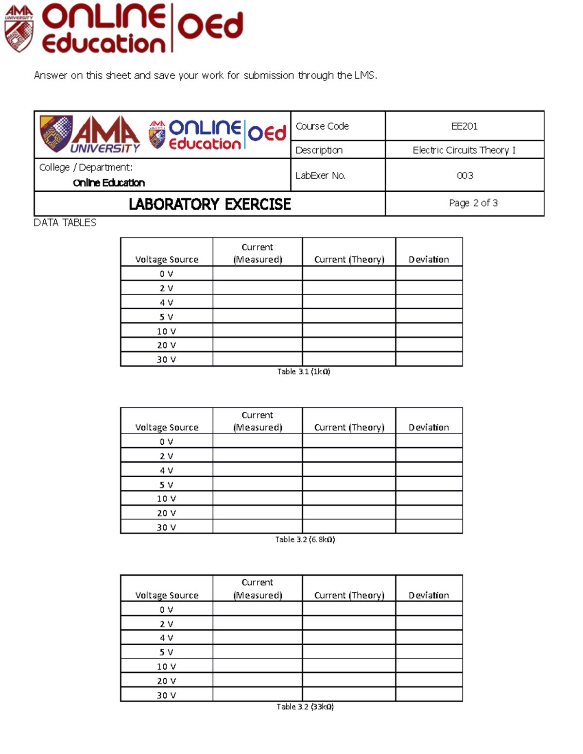 Week003-Lab Exer 003 - Ohms Law - Answer on this sheet and save your work for submission through ...