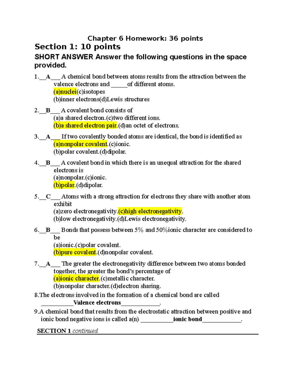 Chapter 6 Homework - Assignment consists of a multiple choice section (9 questions) about ...