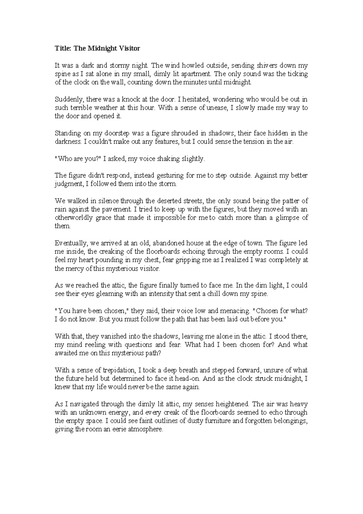Learning Journal Unit 5 - Title: The Midnight Visitor It was a dark and ...