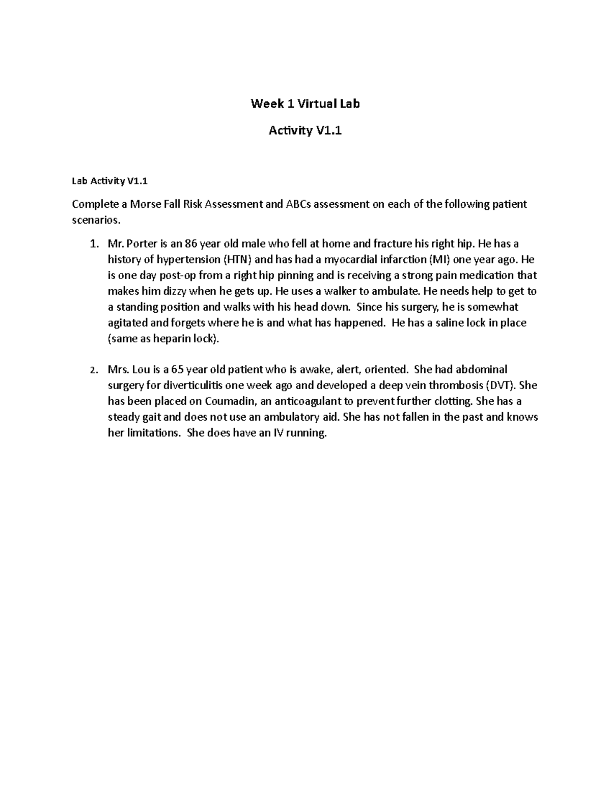 Morse Fall Scale Activity V1 - Week 1 Virtual Lab Activity V1. Lab Activity V1. Complete a Morse ...