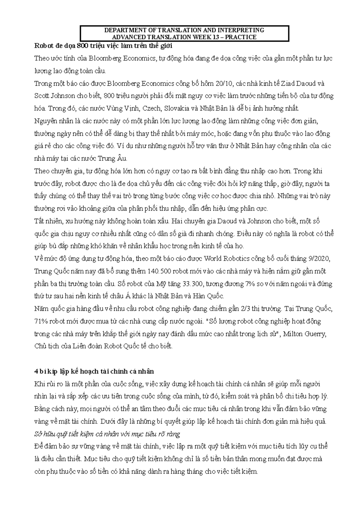 Advanced translation - Week 13 - DEPARTMENT OF TRANSLATION AND ...