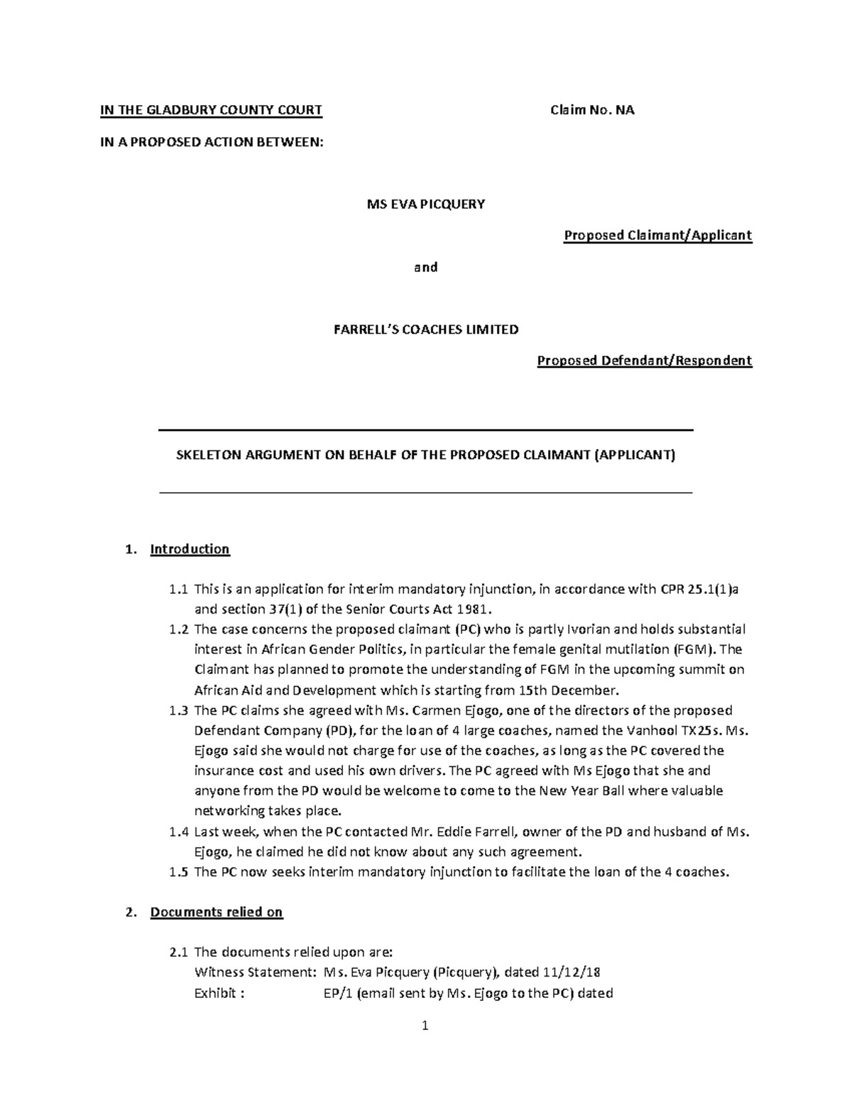 Skeleton Final PDF - IN THE GLADBURY COUNTY COURT Claim No. NA IN A ...