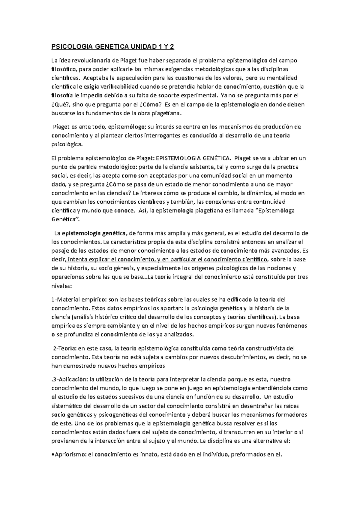 Psicologia Genetica Unidad 1 Y 2 - PSICOLOGIA GENETICA UNIDAD 1 Y 2 La idea revolucionaria de ...