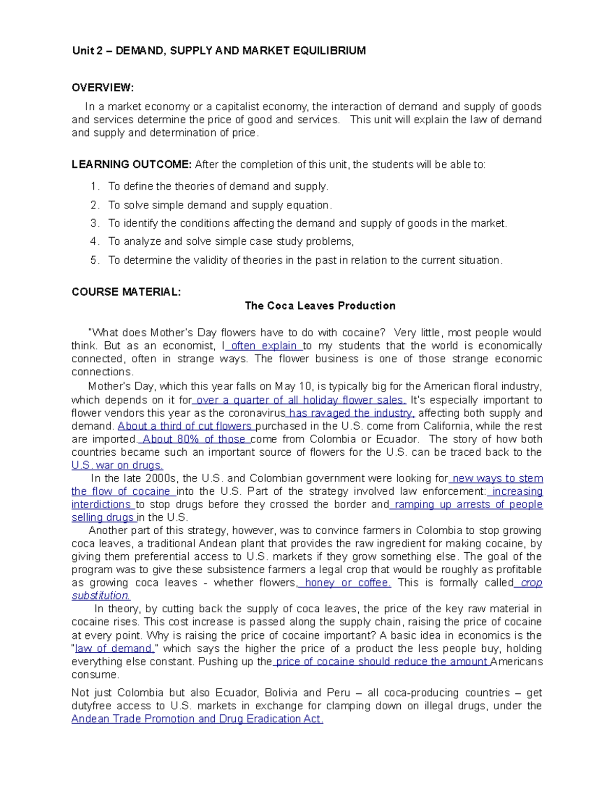 Unit 2 Basic Micro - Unit 2 – DEMAND, SUPPLY AND MARKET EQUILIBRIUM ...