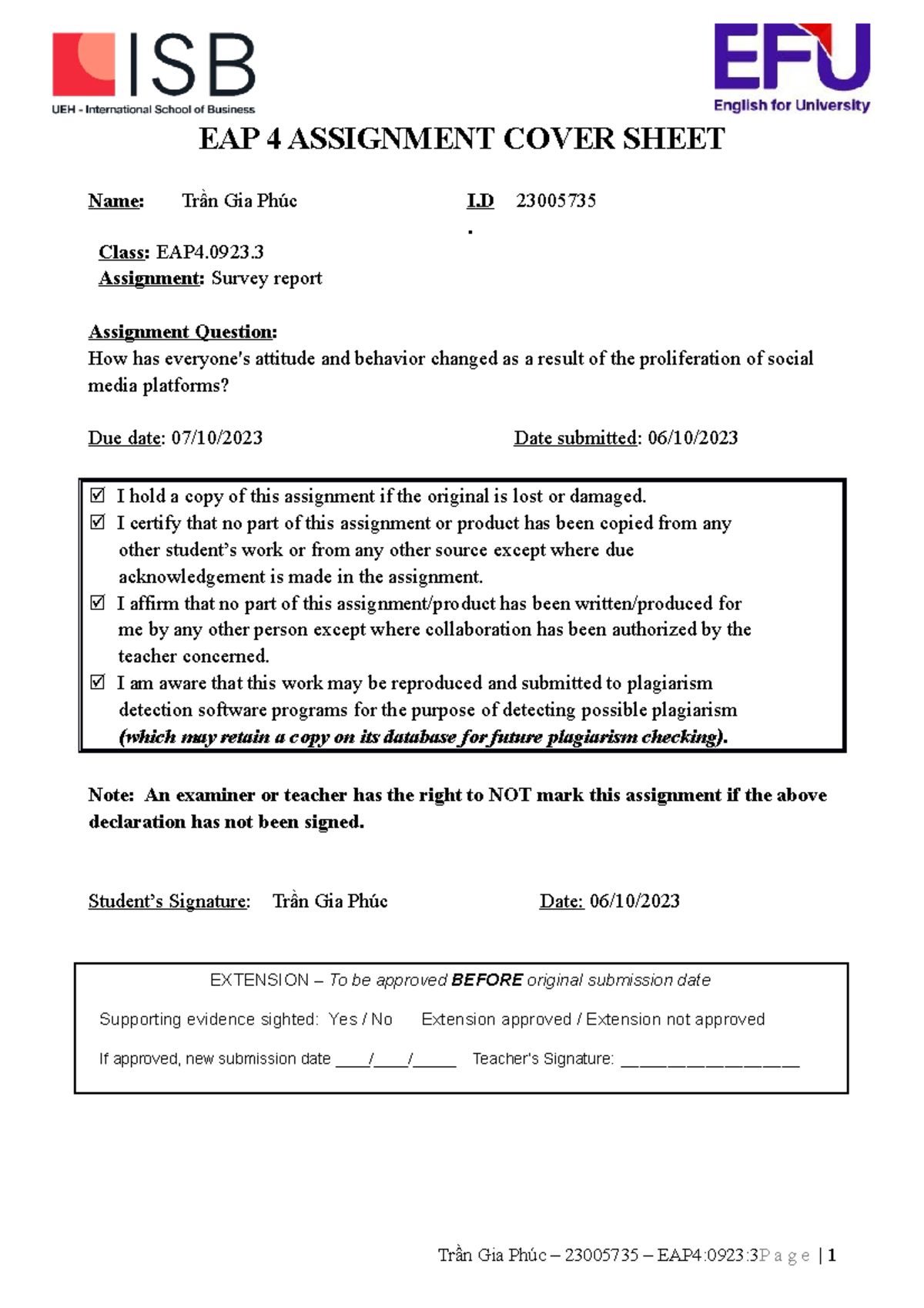 EAP4- Survey- Report-TRAN GIA PHUC - EAP 4 ASSIGNMENT COVER SHEET Name: Trần Gia Phúc I ...