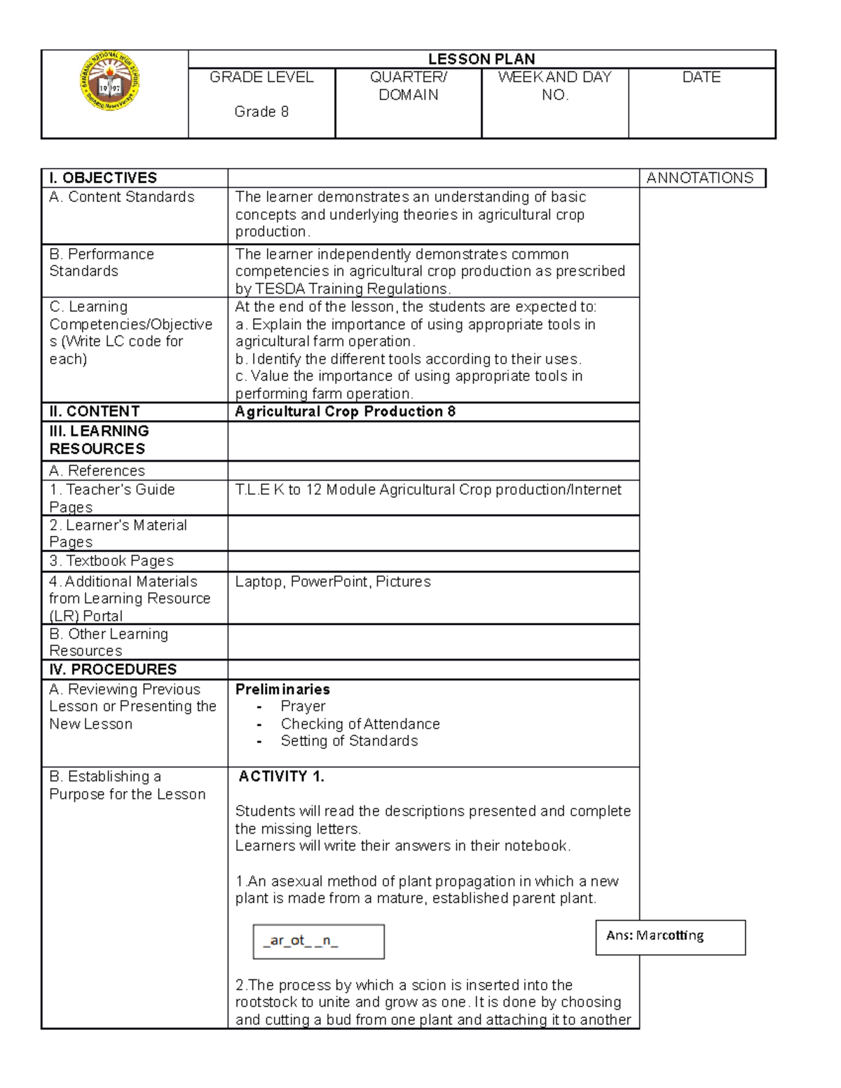 CO TLE-agri with annotations - LESSON PLAN GRADE LEVEL Grade 8 QUARTER ...