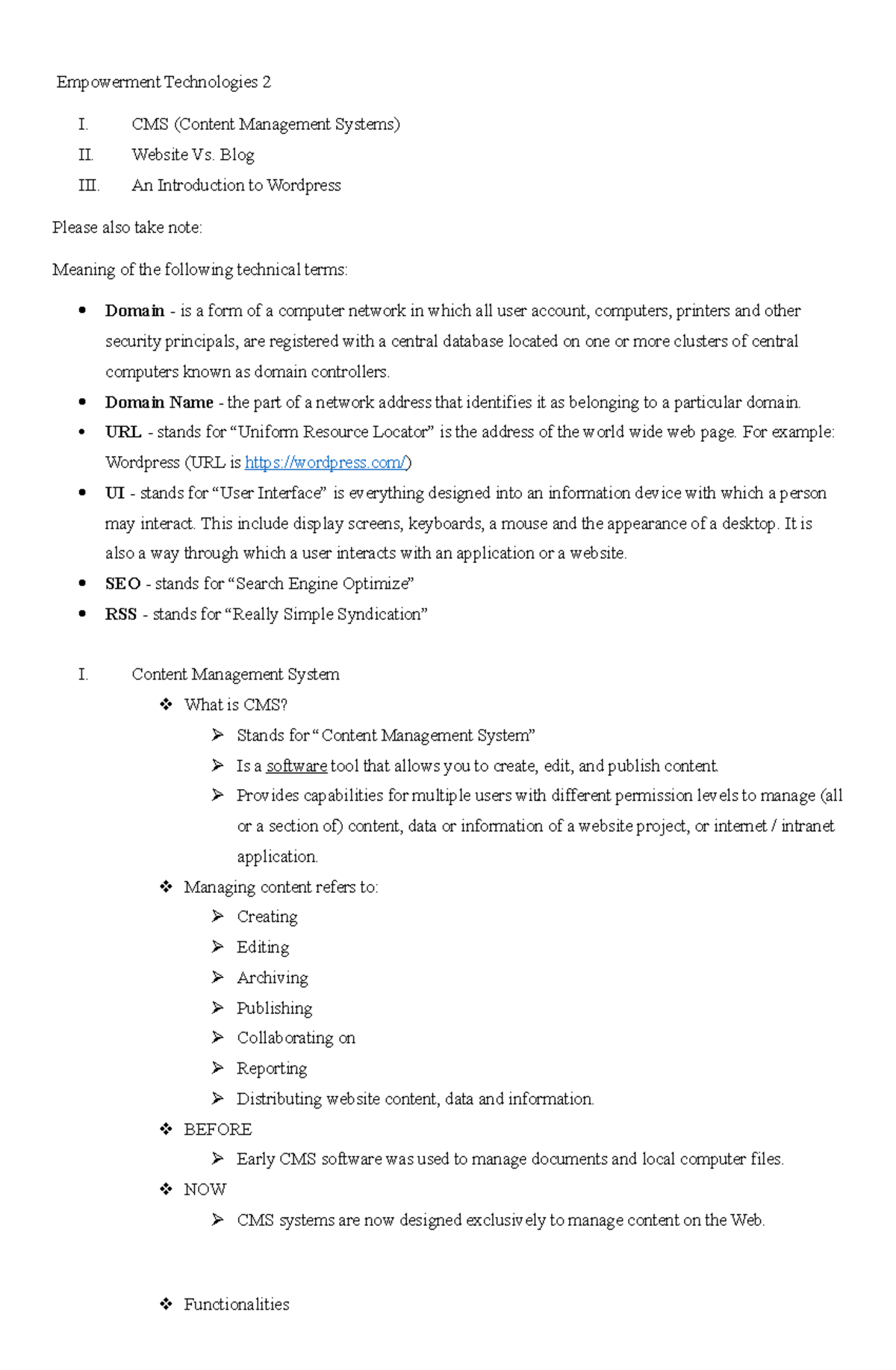 Emtech 2 - Notes - Empowerment Technologies 2 I. CMS (Content ...