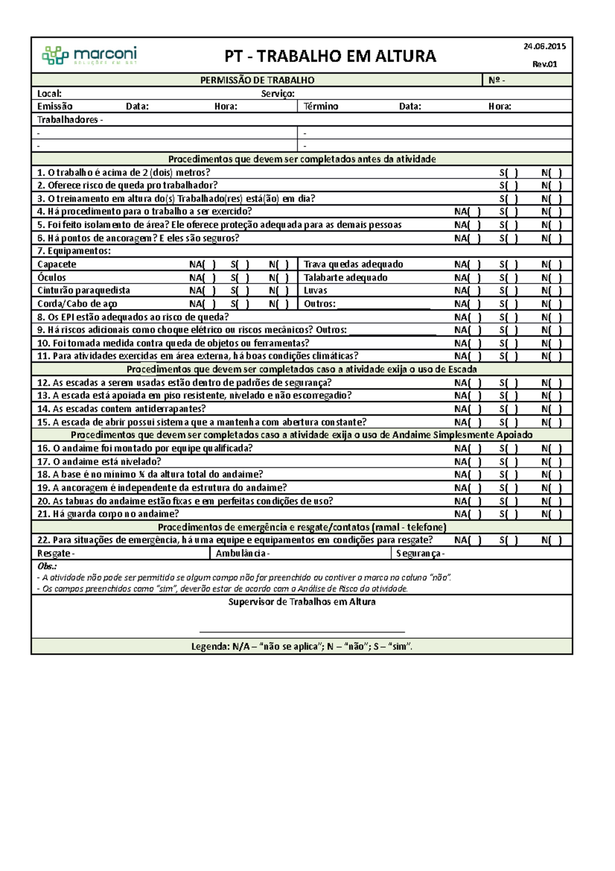 Modelo de PT NR 35 Trabalho em Altura - PT - TRABALHO EM ALTURA 24. Rev ...
