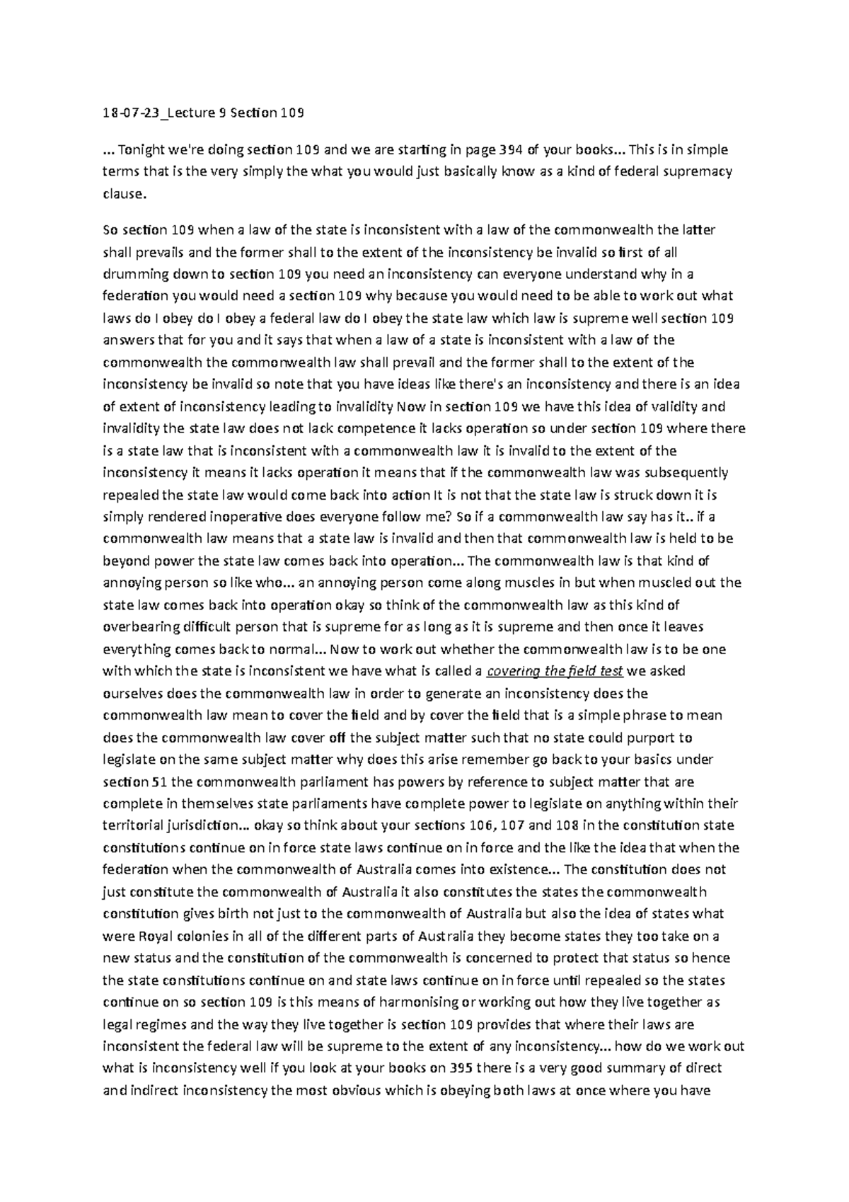 18-07-23 Lecture 9 Section 109 - .. Tonight we're doing section 109 and ...