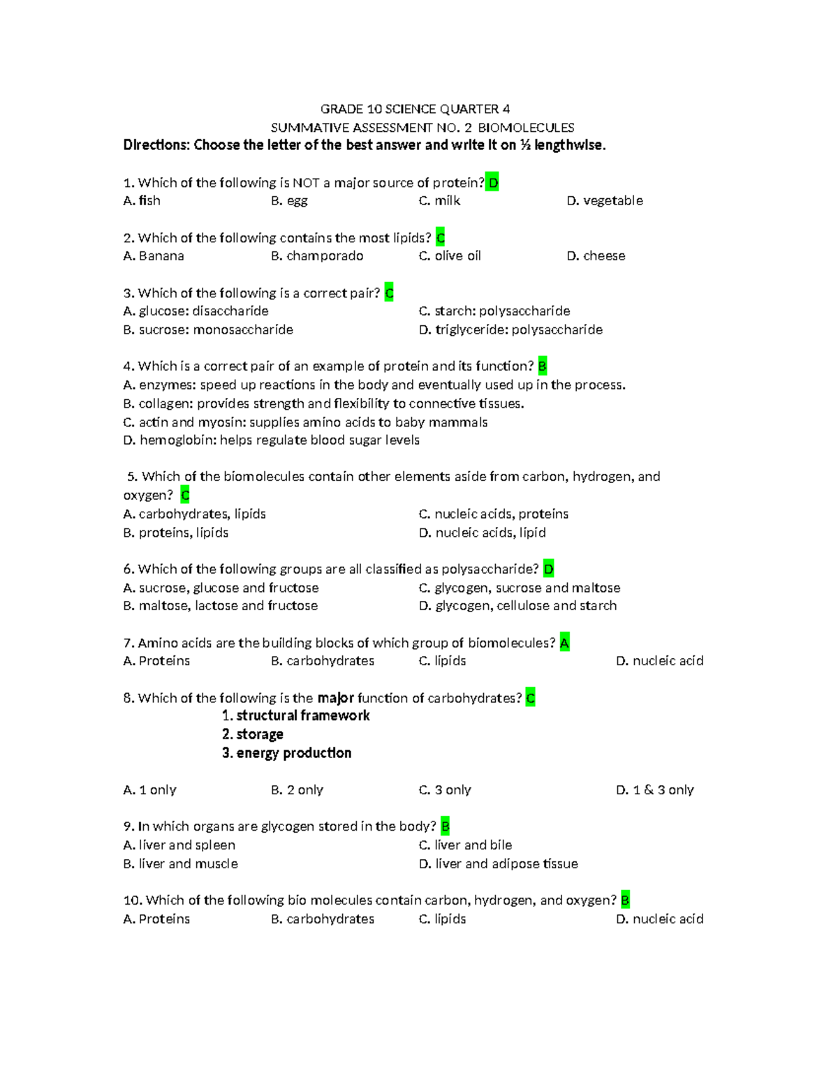 Summative test 2 on Biomolecules - GRADE 10 SCIENCE QUARTER 4 SUMMATIVE ...