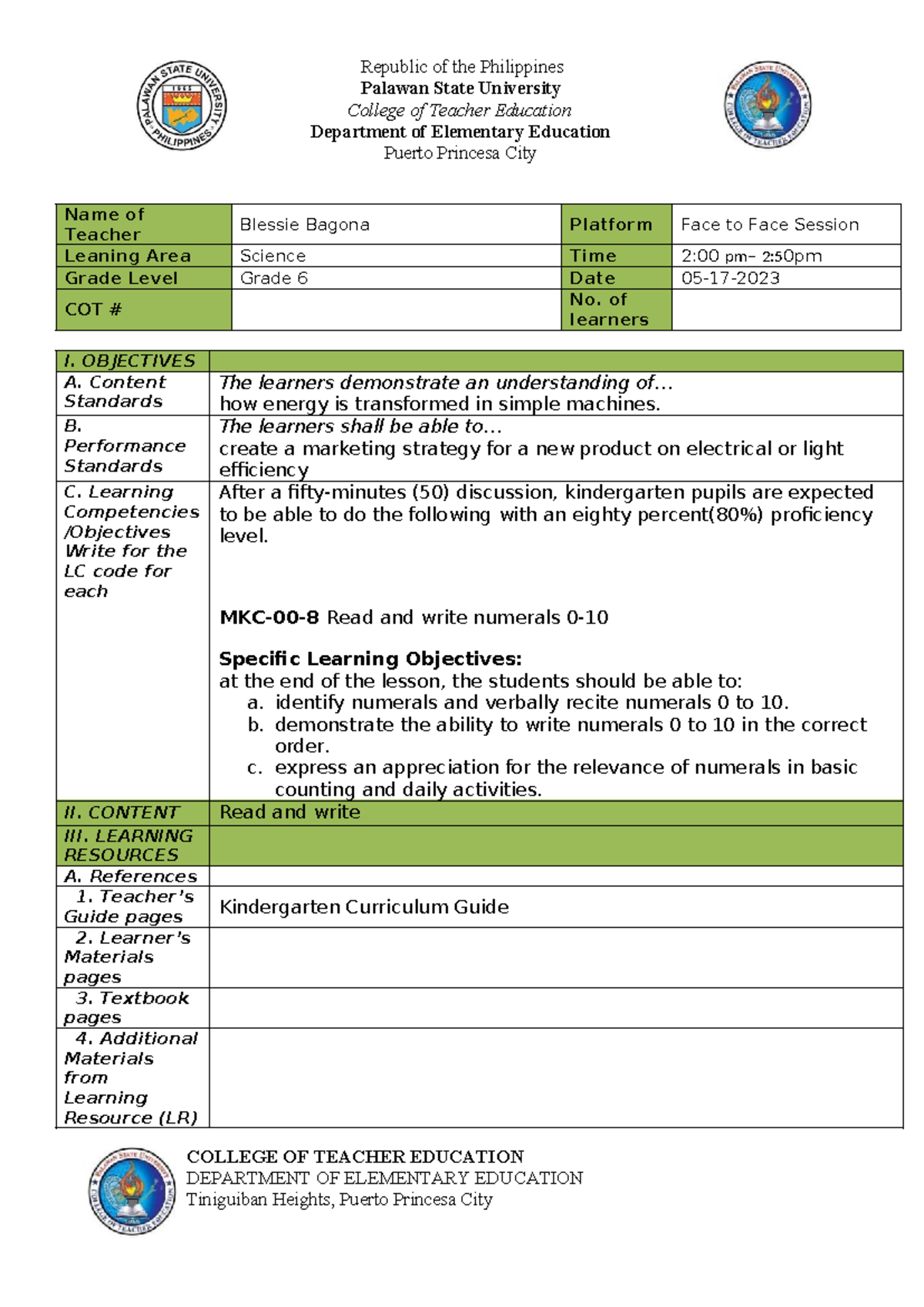 SC Math1 DLP 1 - Short Lesson Plan - Palawan State University College ...
