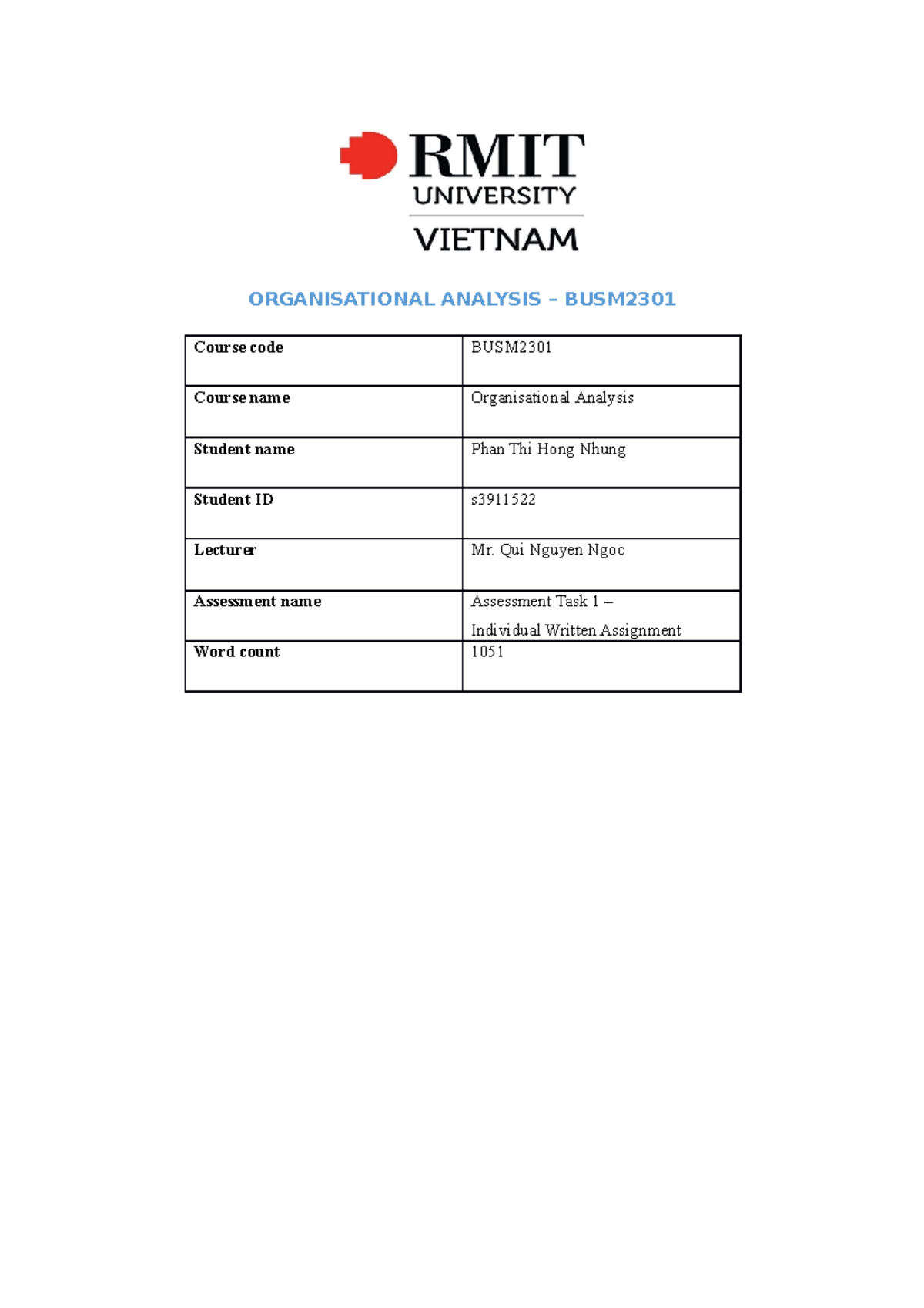 Assignment 1- Organisational analysis - Individual assignment (HD ...