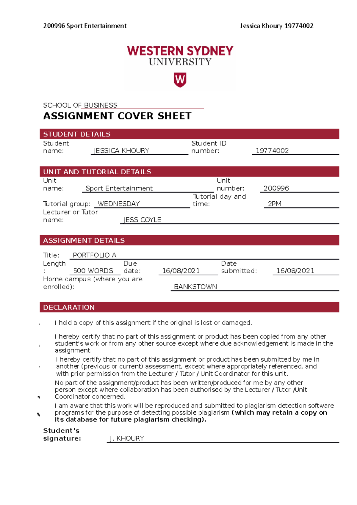 Sport Entertainment Portfolio 1 - 200996 - UWS - Studocu