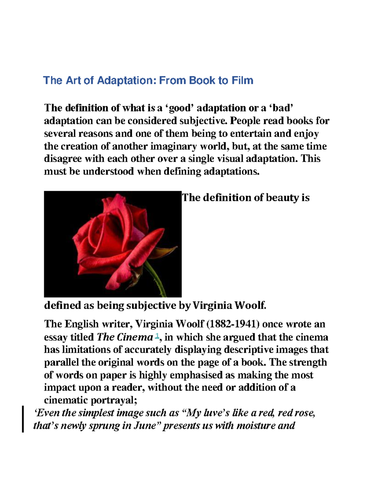 Adaptation from book - lecture notes - The Art of Adaptation: From Book ...