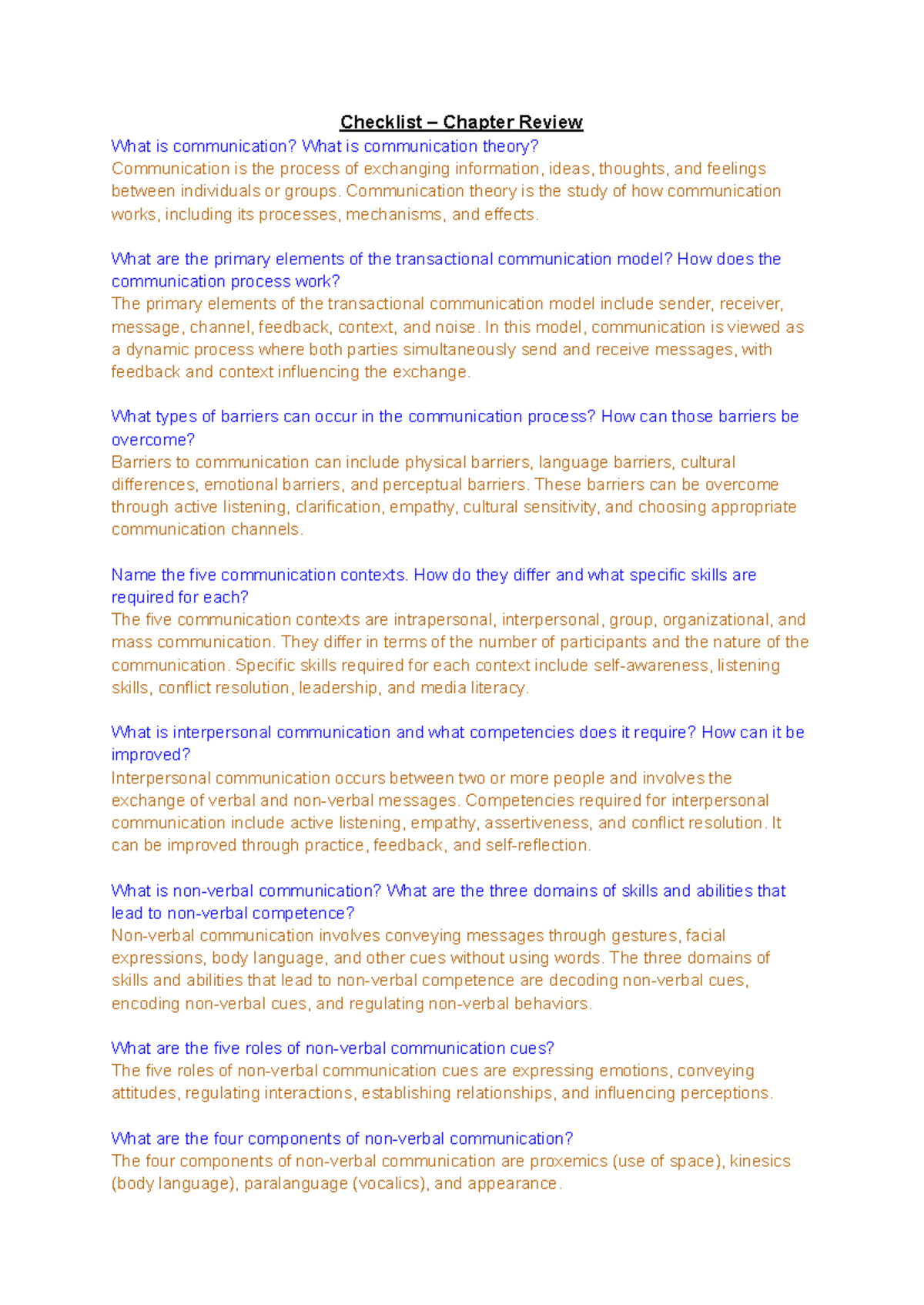 Chapter 2 Checklist - Checklist – Chapter Review What is communication ...