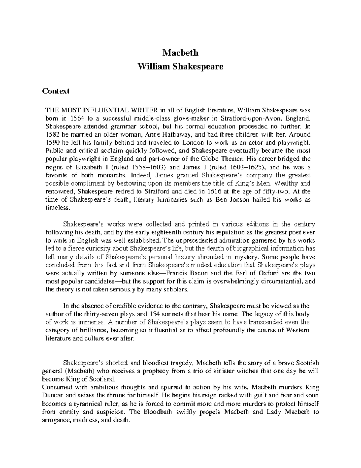 Macbeth notes - Summary Interpreting Literature, Theatre and Cinema ...