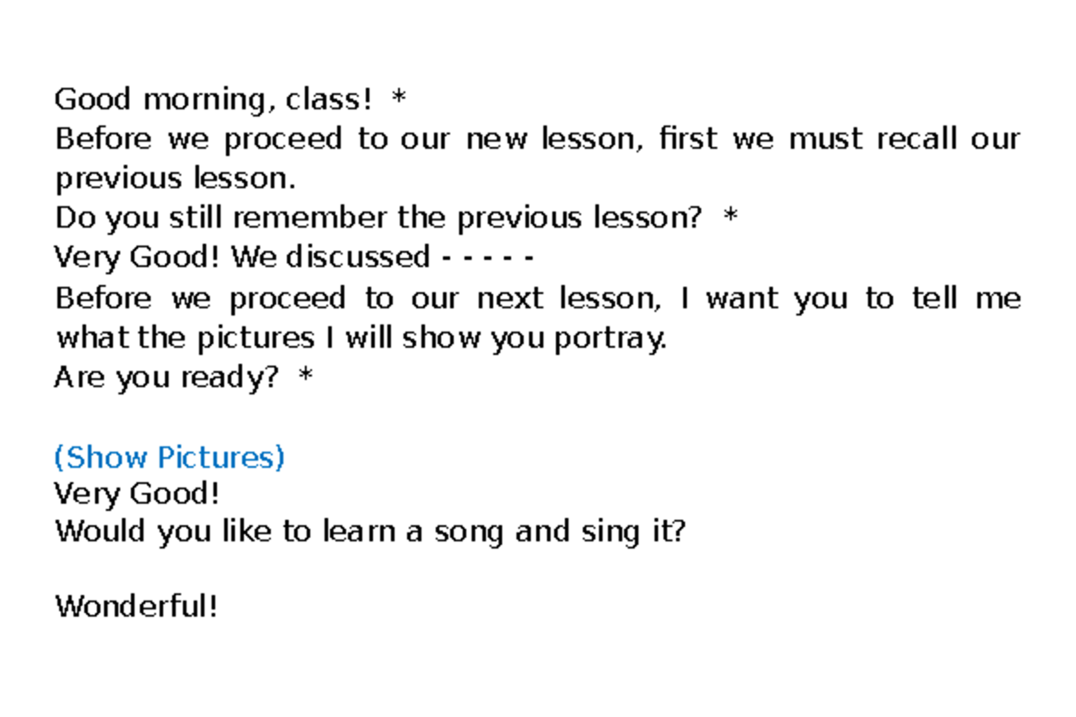 Cue Cards English - Action Words - Good morning, class! * Before we ...