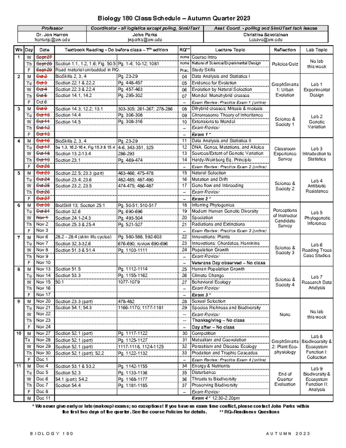 Bio Calendar - Exam schedule, lab schedule, assignments, readings due ...