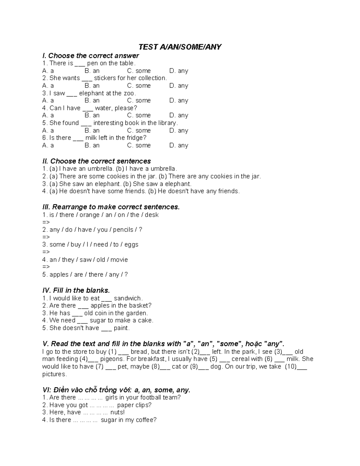 A an some any - a lecture notes for a an some any - TEST A/AN/SOME/ANY ...