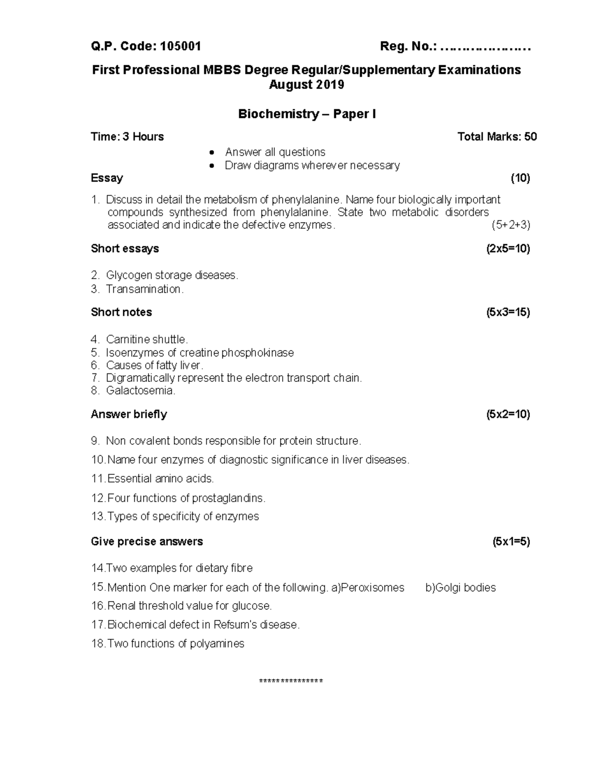 105001 - MBBS QUESTION PAPER ANATOMY - Q. Code: 105001 Reg. No ...