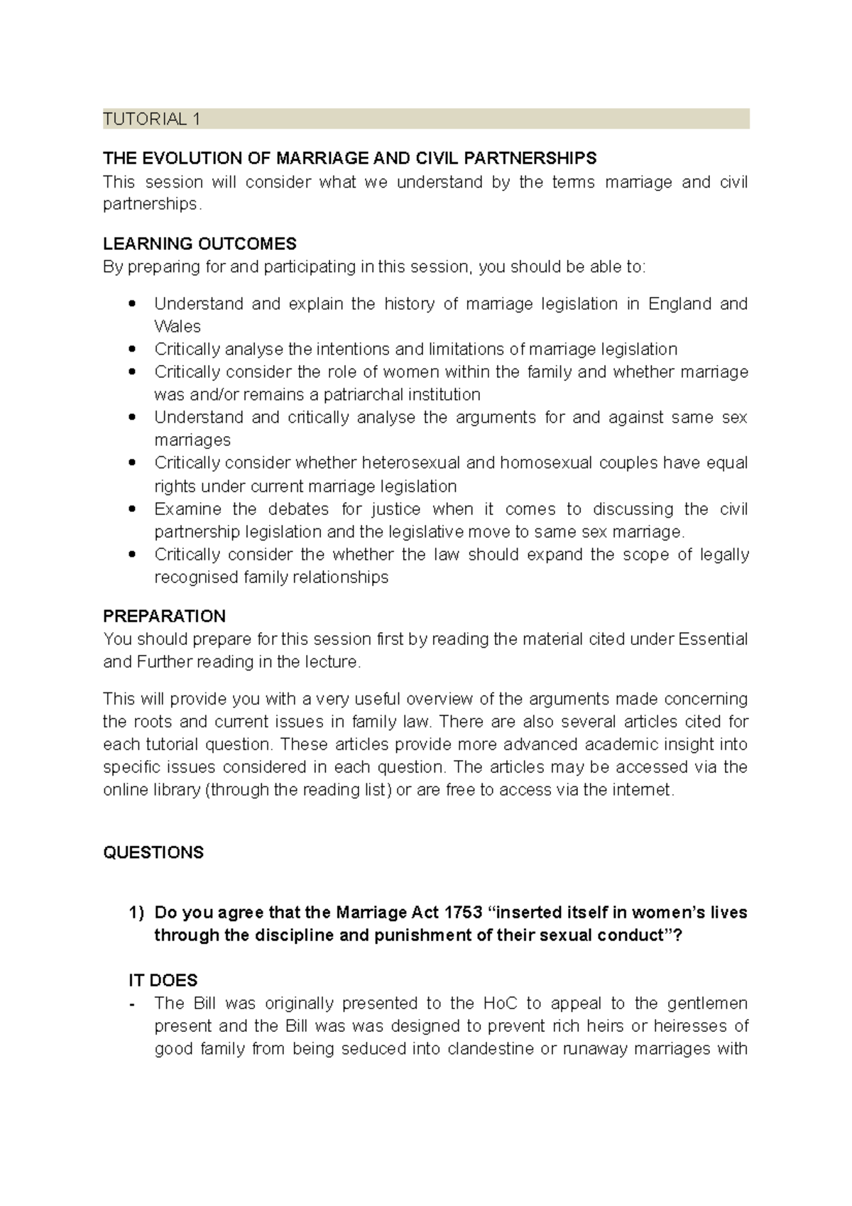 Tutorial 1 - Validity of Marriage - TUTORIAL 1 THE EVOLUTION OF ...