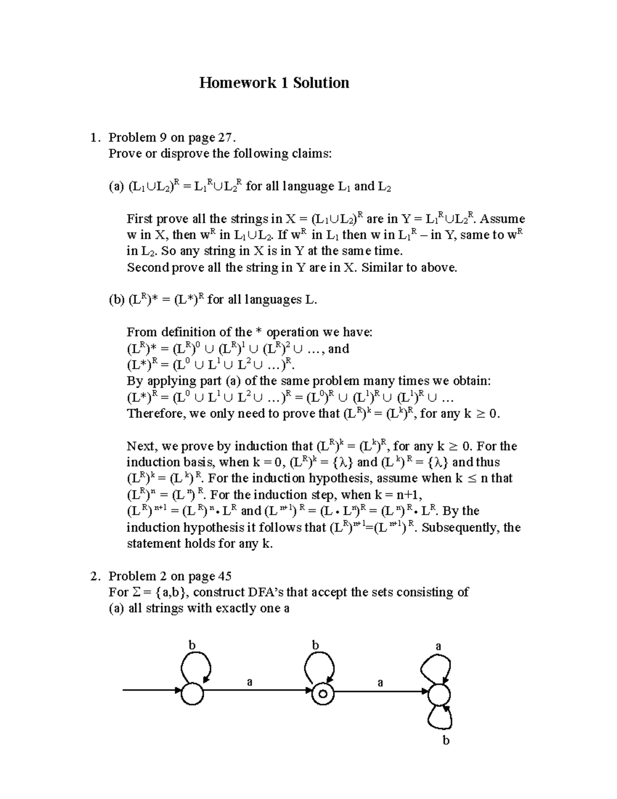 Solution 1 - Formal Language Theory - Homework 1 Solution Problem 9 on ...