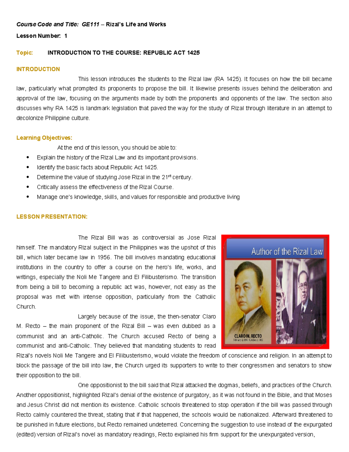 Lesson-1-Rizal - Course Code and Title: GE111 – Rizal’s Life and Works ...
