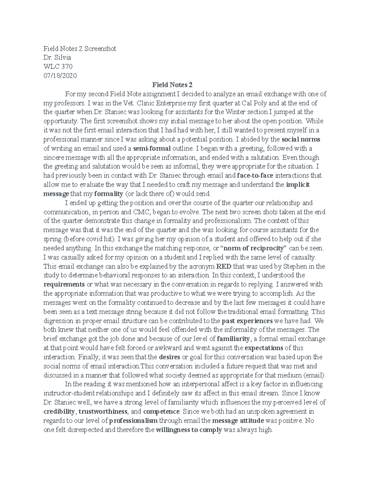 Field Notes 2 - Silvia WLC 370 07/18/ Field Notes 2 For my second Field ...