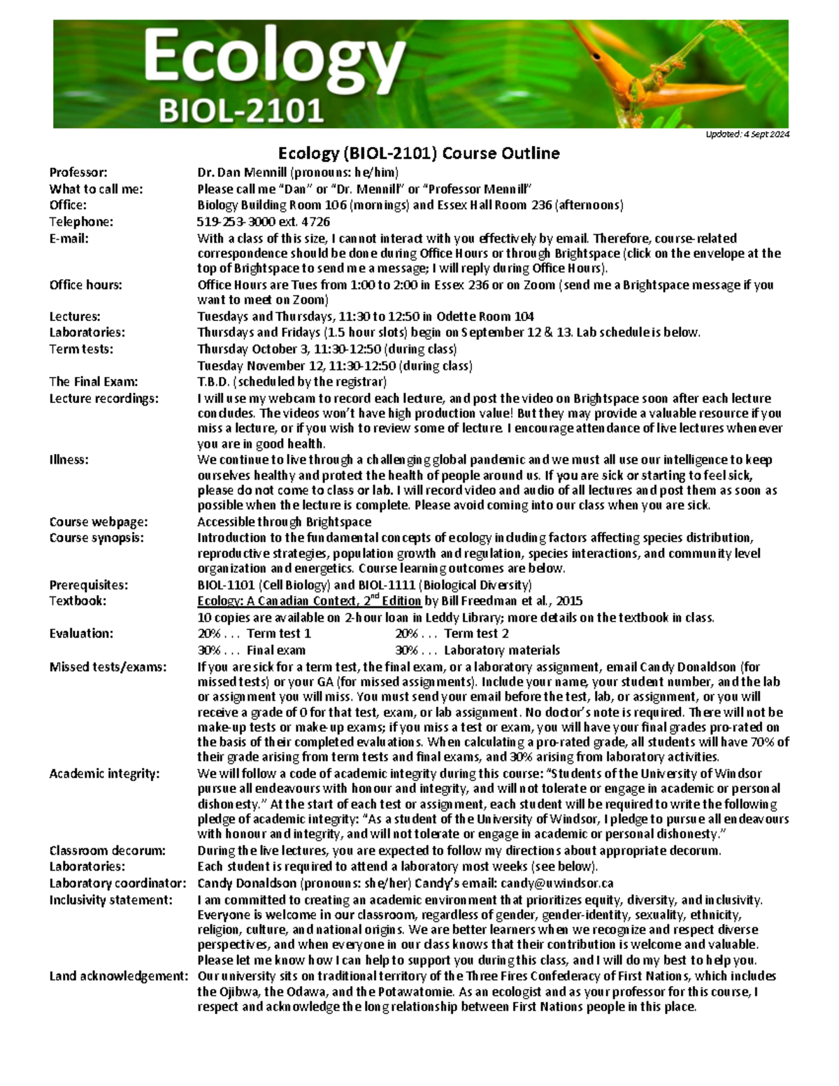 Ecology Course Outline 2024 V5 - Updated: 4 Sept 2024 Ecology (BIOL ...