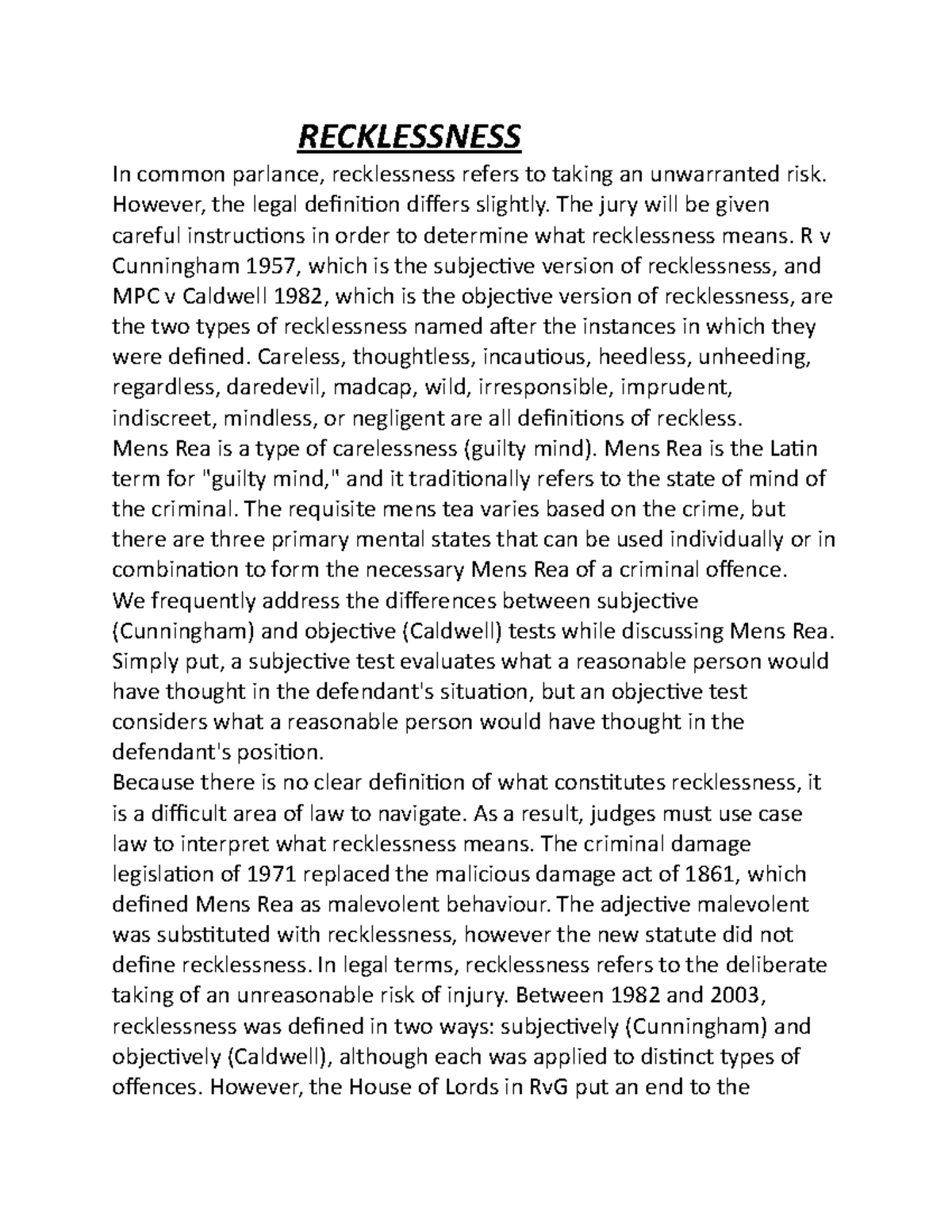 Recklessness - essay - RECKLESSNESS In common parlance, recklessness ...