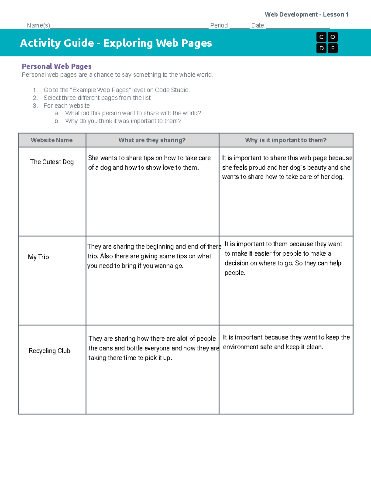 Kami Export - U2L01 - Activity Guide - Exploring Web Pages - Web ...
