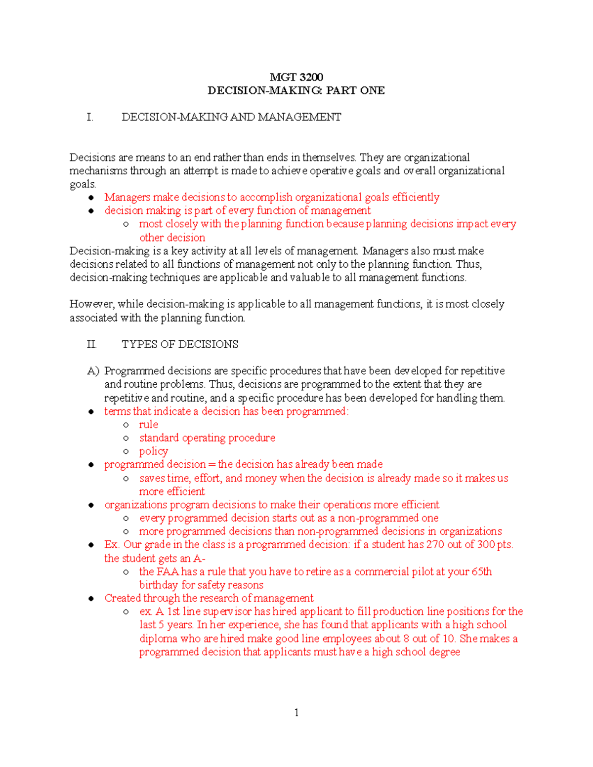 1. Decision-Making Notes Fall 2022 - MGT 3200 DECISION-MAKING: PART ONE ...