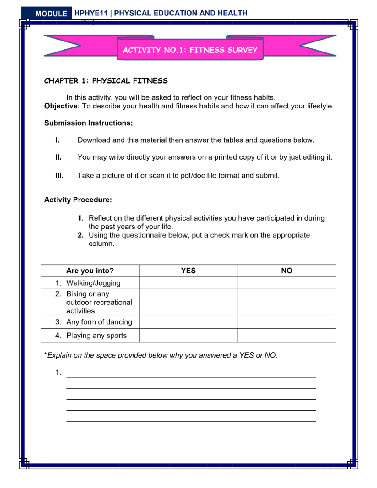 Chapter 1 Physical Fitness Activity - 1. YES! Because Walking can ...