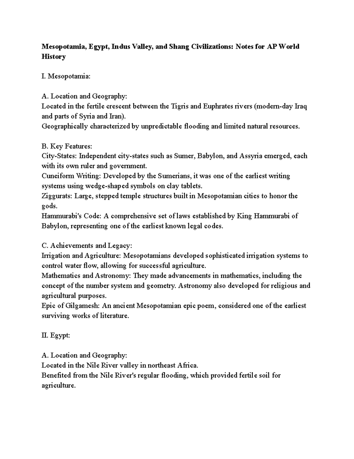 Mesopotamia, Egypt, Indus Valley, and Shang Civilizations Notes for AP ...