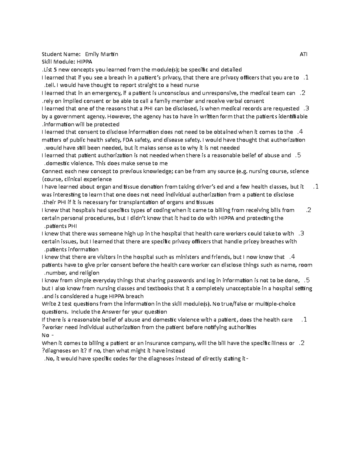 Skill Module Sheet - Student Name: Emily Martin ATI Skill Module: HIPPA ...