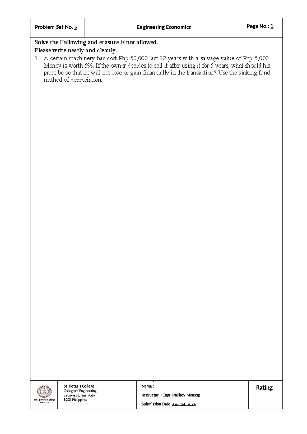 Econ-9-semi - economics - Problem Set No. 9 Engineering Economics Page ...