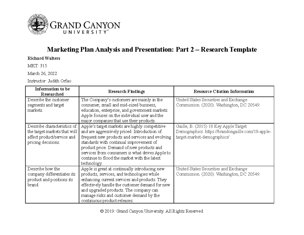MKT 315 RS Marketing Plan Analysis and Presentation Part 2 - Marketing ...