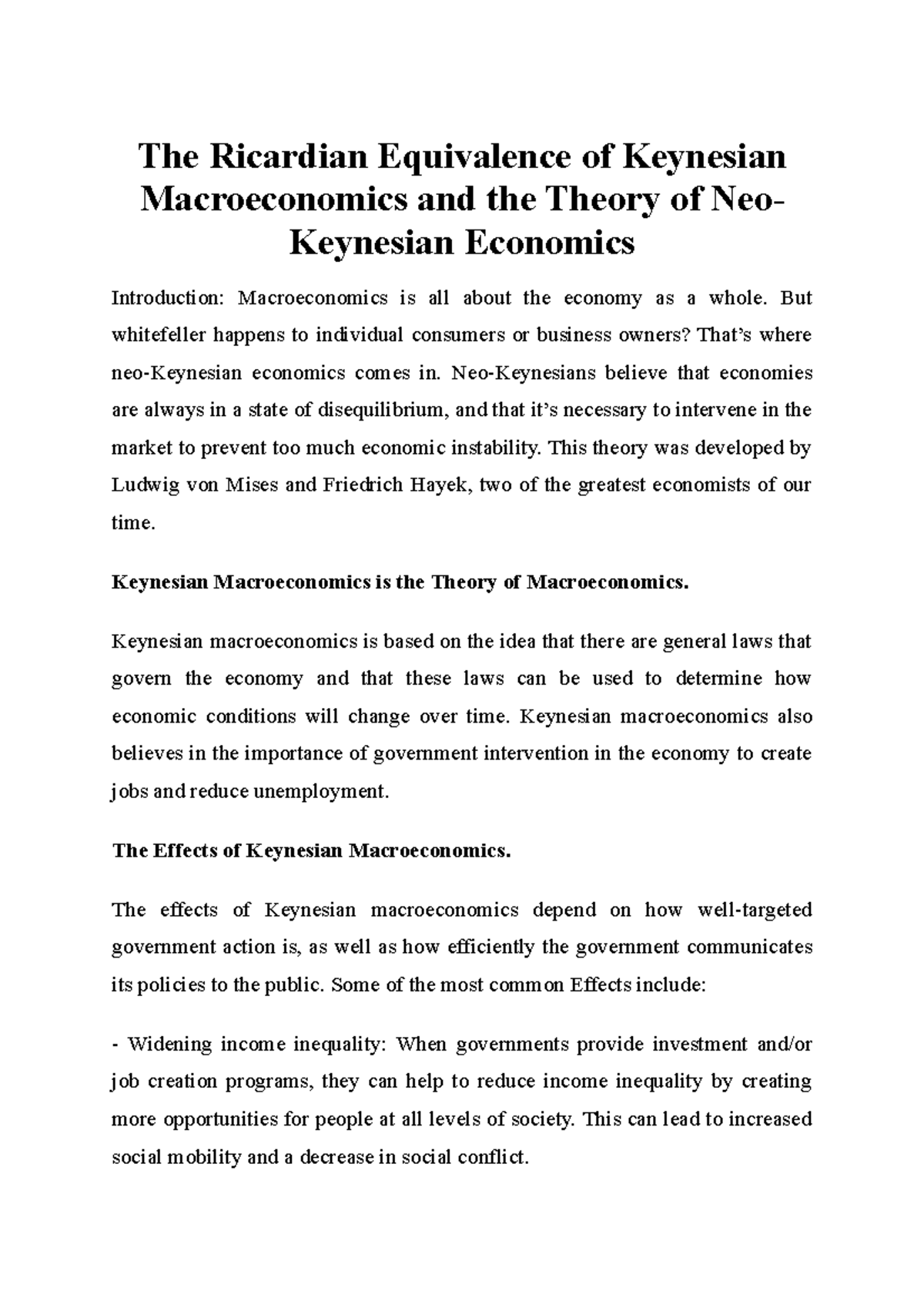 The Ricardian Equivalence of Keynesian Macroeconomics and the Theory of Neo-Keynesian Economics ...