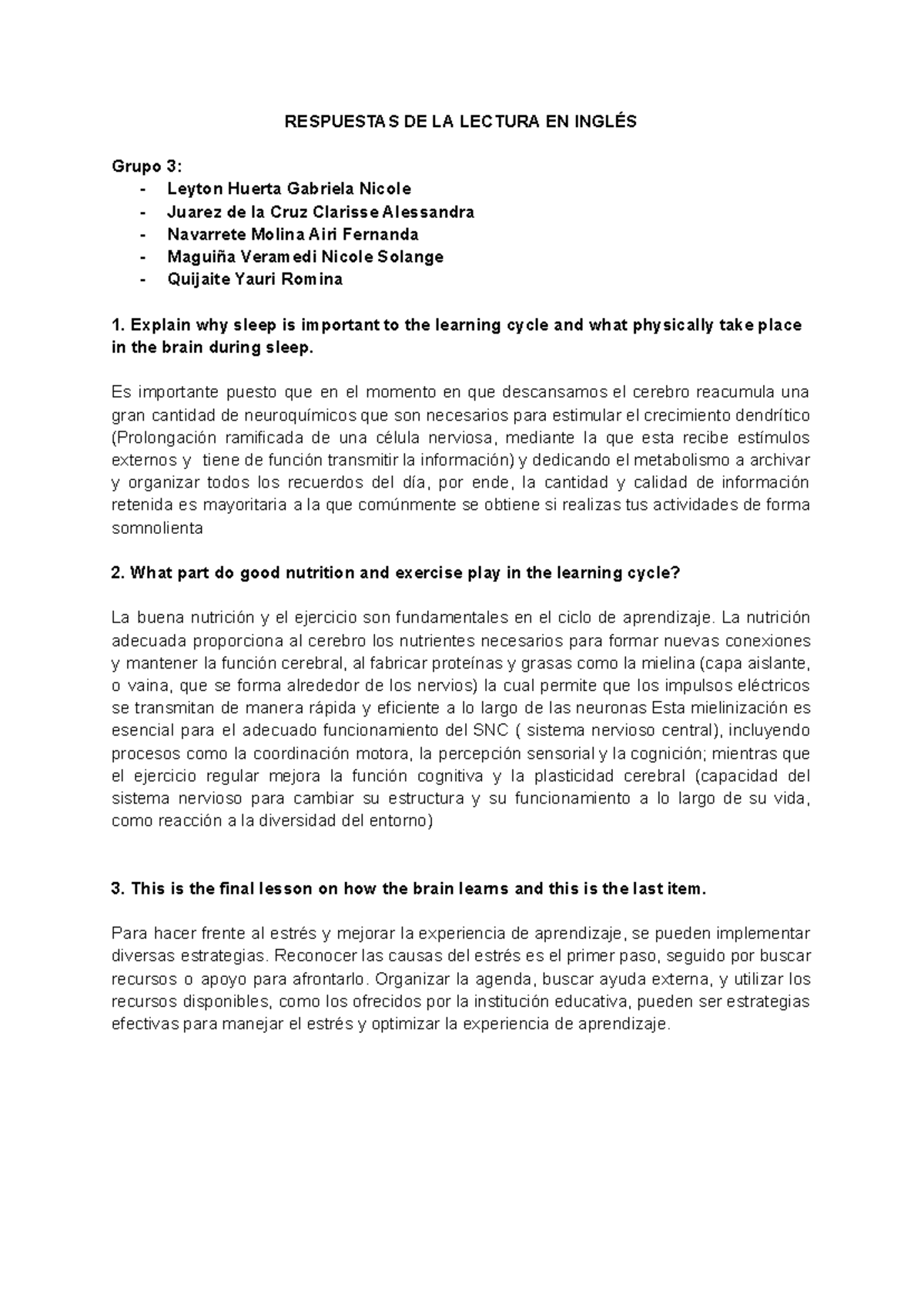 Respuestas DE LA Lectura EN Inglés - RESPUESTAS DE LA LECTURA EN INGLÉS ...