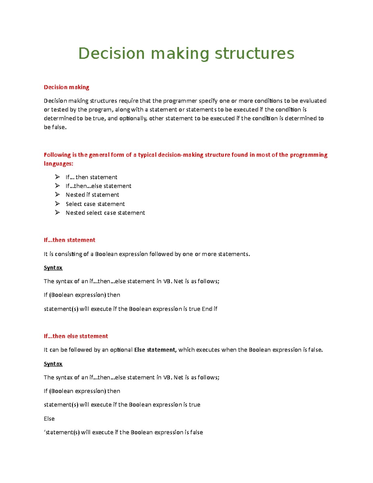 Decision making structures - Computer Engineering - Studocu