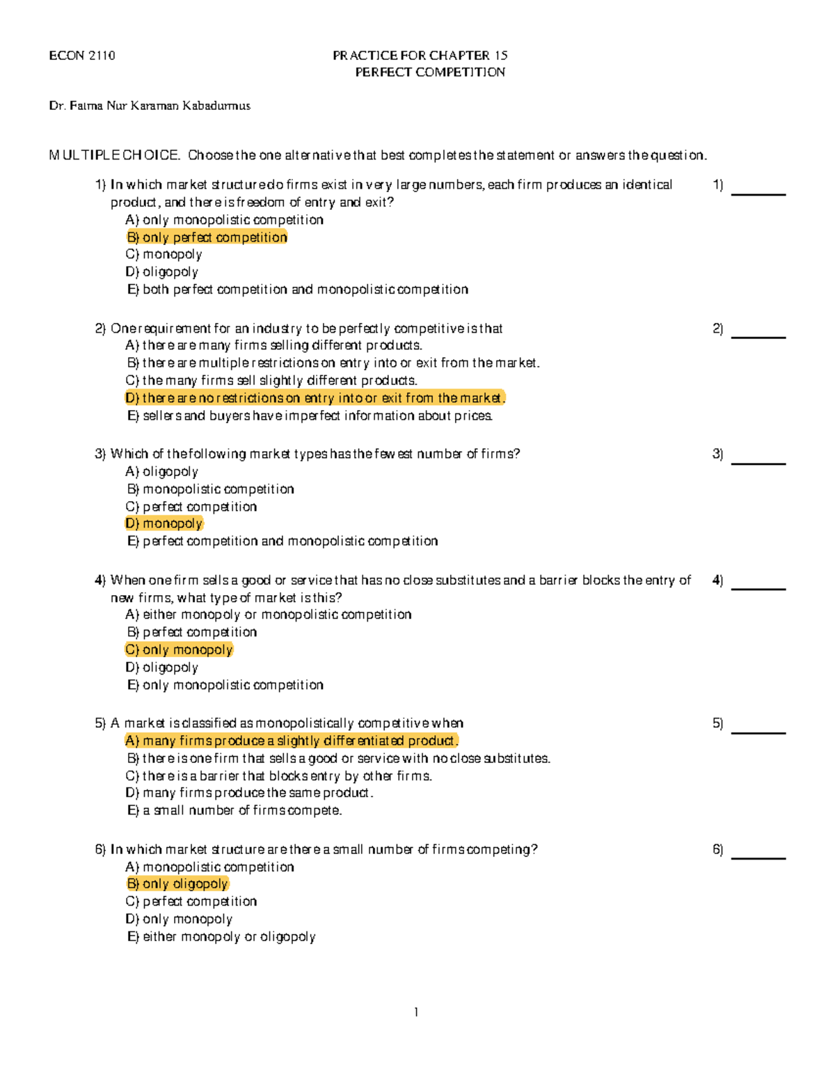 ECON 2110 ch 15 practice - ECON 2110 PRACTICE FOR CHAPTER 15 PERFECT ...