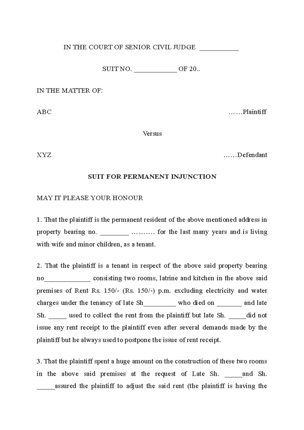 Format For Permanent Injunction Suit In The Court Of Senior Civil