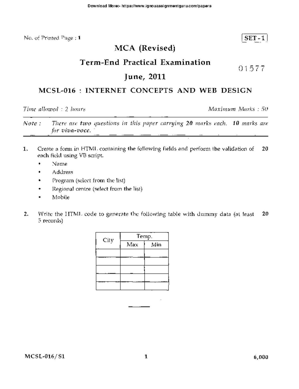 Mcsl 016 Previous Year Question Papers Temp City Max Min No Of Printed Page 1 Set Mca 