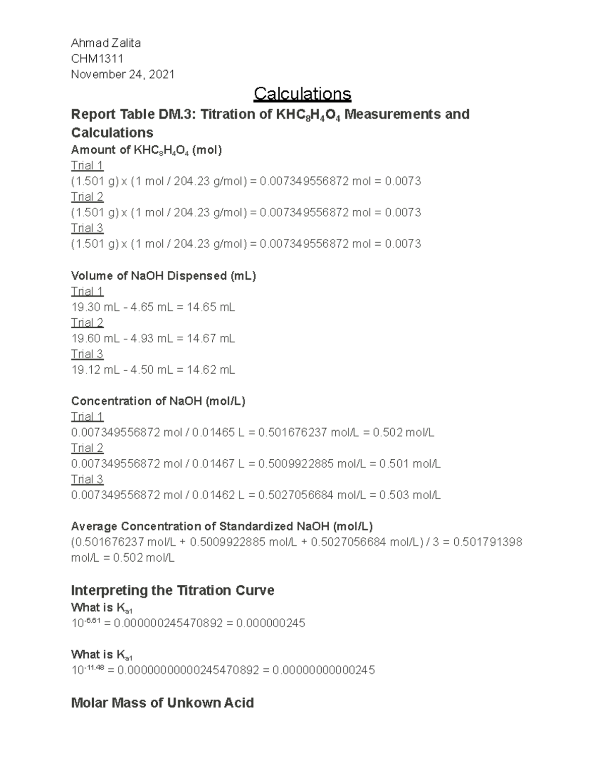Calculations for Chemistry Lab - Ahmad Zalita CHM November 24, 2021 ...
