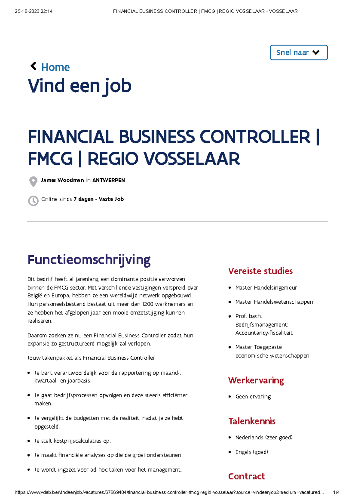 Vacature vdab - Home Vind een job FINANCIAL BUSINESS CONTROLLER | FMCG ...