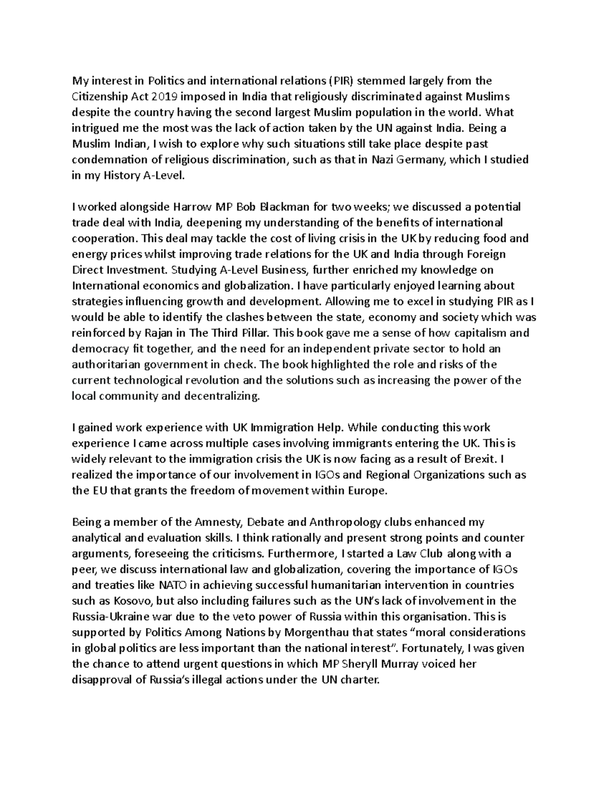 Personal statment final - My interest in Politics and international ...