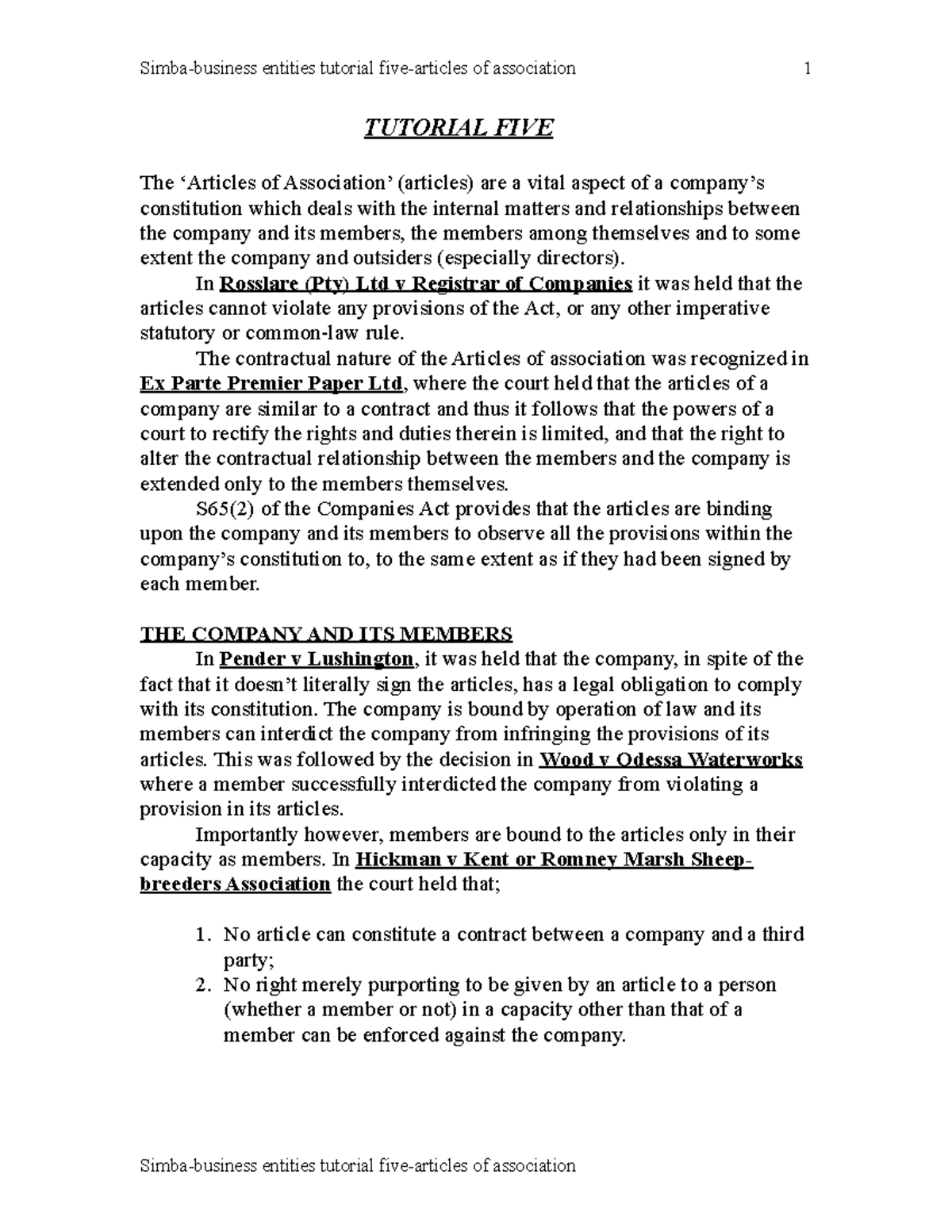 Tutorial FIVE - business entities law - Simba-business entities tutorial five-articles of - Studocu