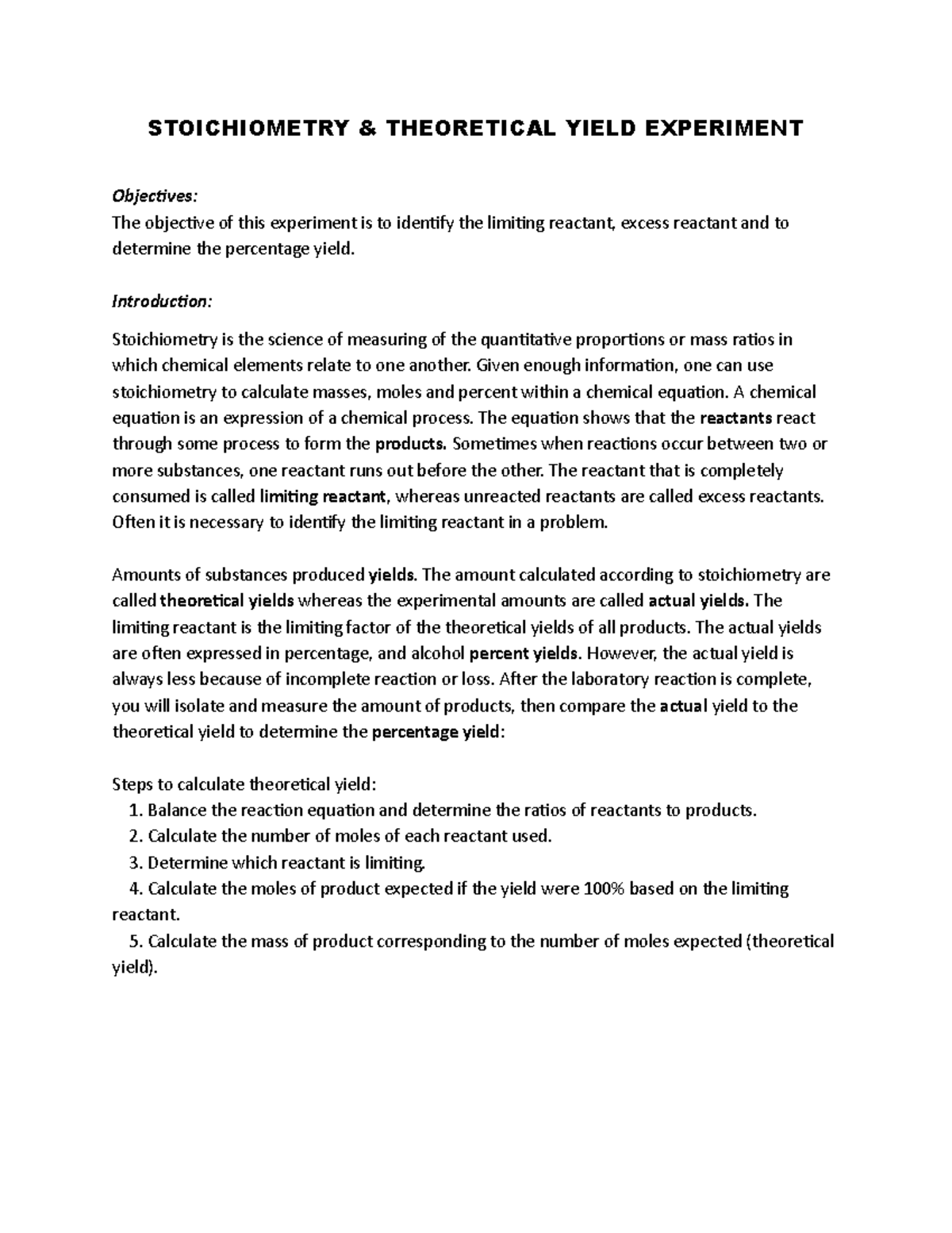 Chemistry LAB 1 (Stoichiometry & Theoretical Yield) - STOICHIOMETRY ...