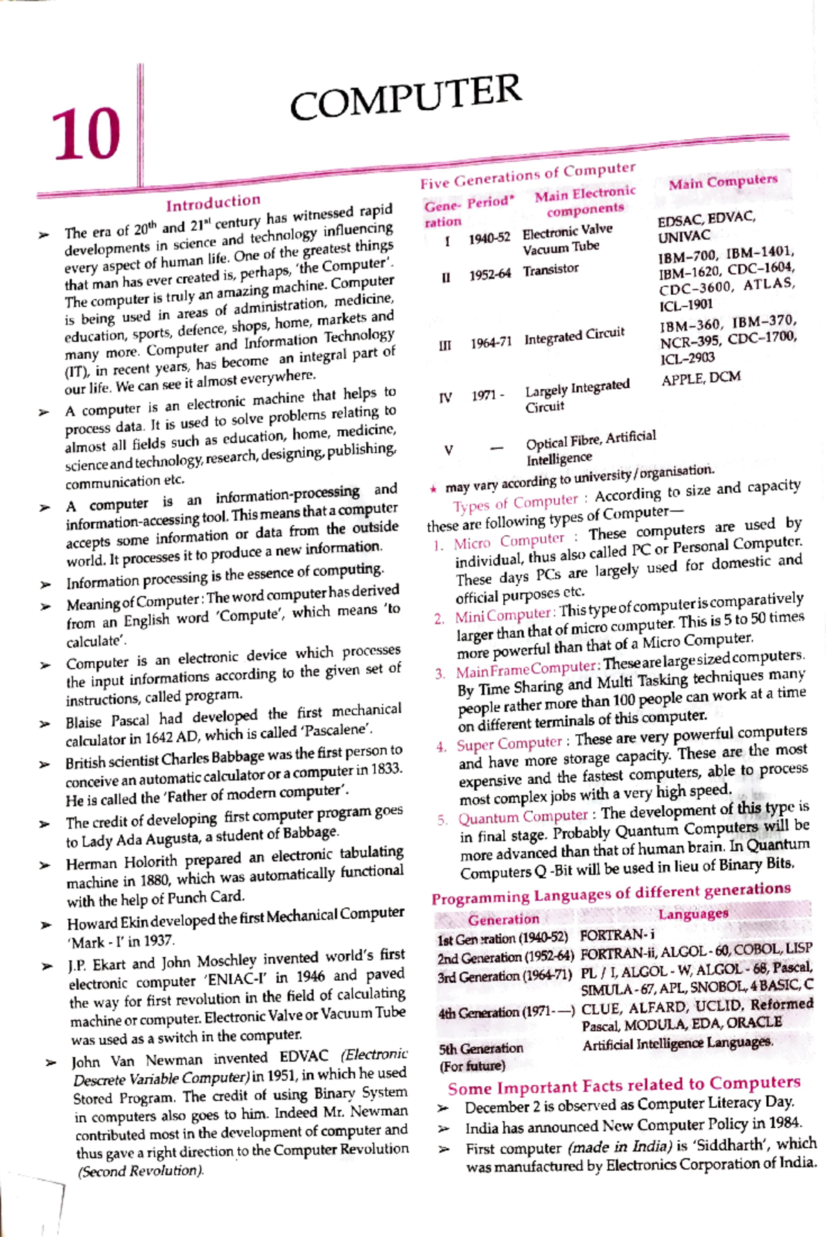 Lucent computer notes - 10 COMPUTER Five Generations of Computer Main ...