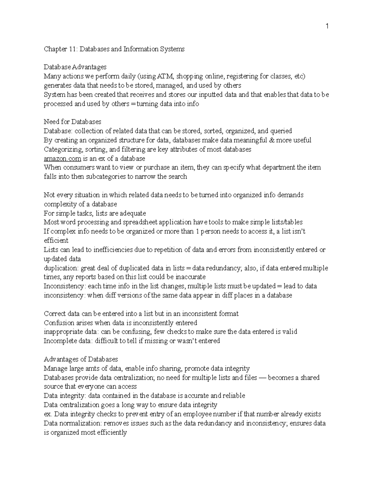 Chapter 11 Databases and Info Systems - Chapter 11: Databases and Information Systems Database ...